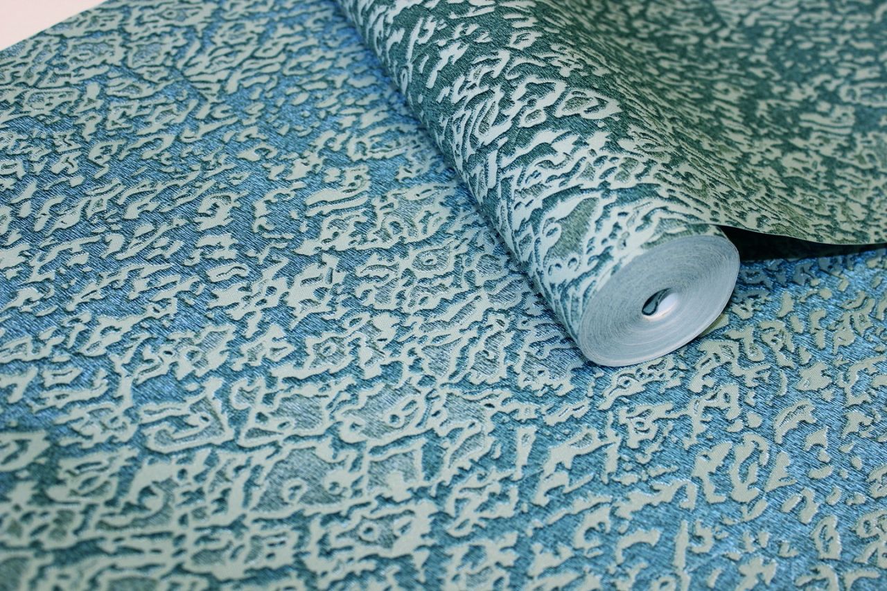 DE120127 Struktur Vliestapete Textil Optik petrol blau metallic ...